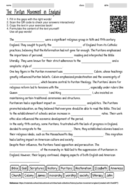 Worksheet with the topic "The Puritan Movement in England" | MATERIALS ...
