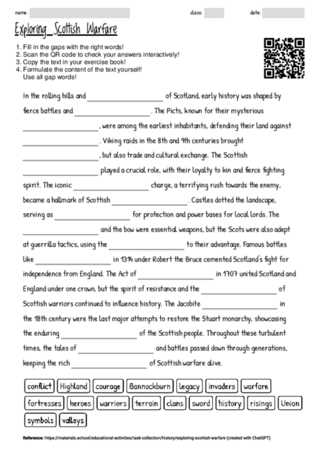 Worksheet with the topic "Exploring Scottish Warfare" | MATERIALS.SCHOOL