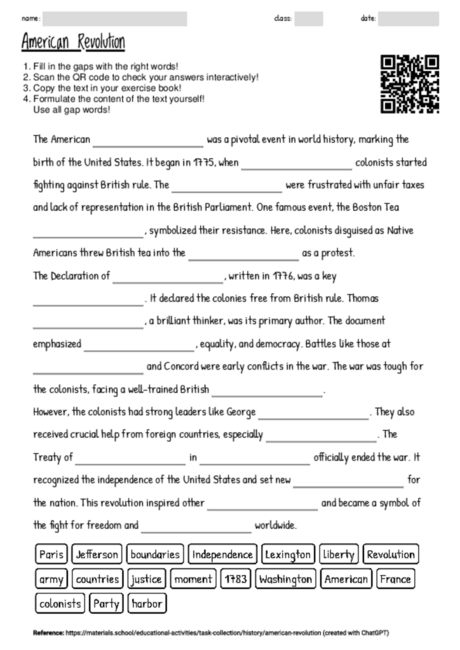 Worksheet with the topic "American Revolution" | MATERIALS.SCHOOL