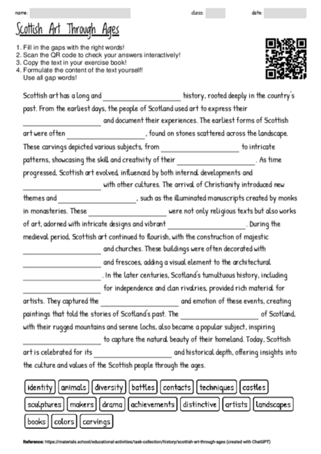 Worksheet with the topic "Scottish Art Through Ages" | MATERIALS.SCHOOL