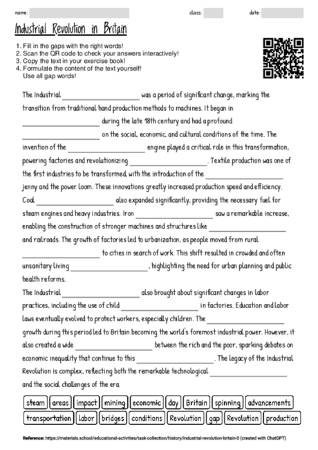 Worksheet with the topic "Industrial Revolution in Britain" | MATERIALS ...