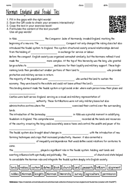 Worksheet with the topic "Norman England and Feudal Ties" | MATERIALS ...