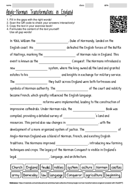 Worksheet with the topic "Anglo-Norman Transformations in England ...