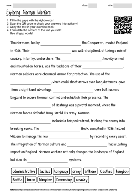 Worksheet with the topic "Exploring Norman Warfare" | MATERIALS.SCHOOL