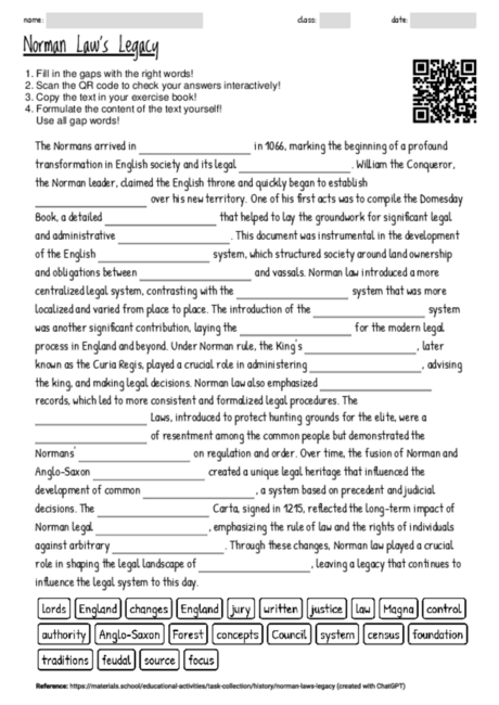 Worksheet with the topic "Norman Law's Legacy" | MATERIALS.SCHOOL