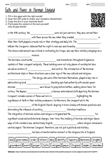 Worksheet with the topic "Faith and Power in Norman England ...