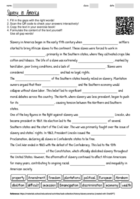 Worksheet with the topic "Slavery in America" | MATERIALS.SCHOOL