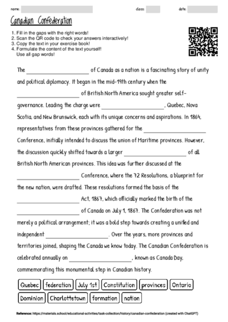Worksheet with the topic "Canadian Confederation" | MATERIALS.SCHOOL