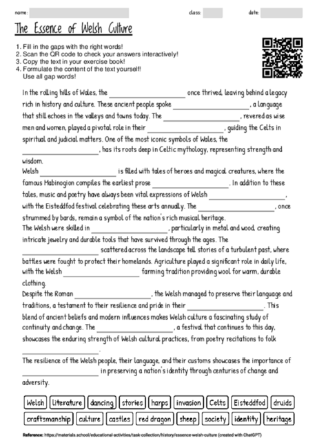 Worksheet with the topic "The Essence of Welsh Culture" | MATERIALS.SCHOOL