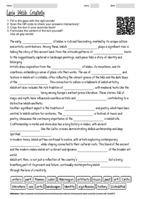 Worksheet with the topic "Early Welsh Creativity" | MATERIALS.SCHOOL