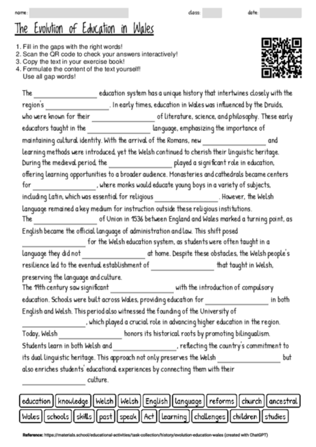 Worksheet with the topic "The Evolution of Education in Wales ...