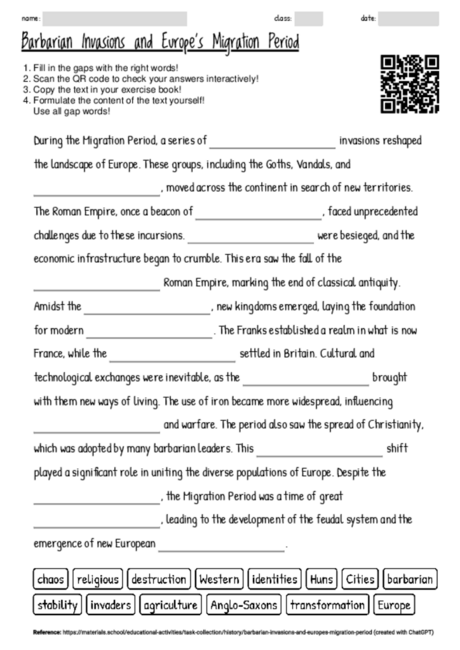 Worksheet with the topic "Barbarian Invasions and Europe's Migration ...