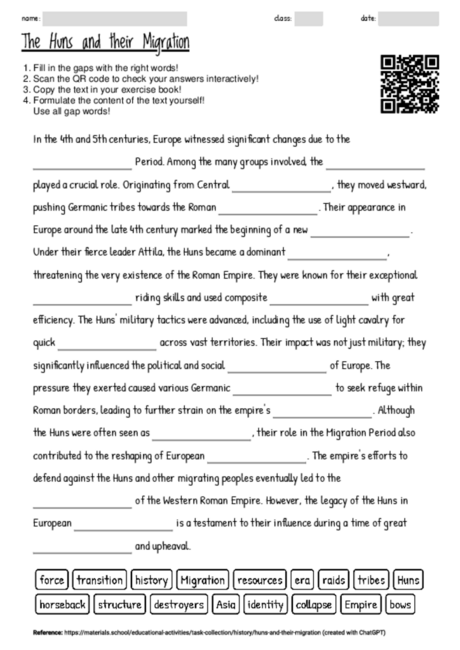 Worksheet with the topic "The Huns and their Migration" | MATERIALS.SCHOOL