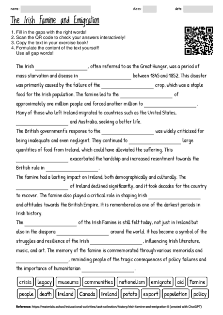 Worksheet with the topic "The Irish Famine and Emigration" | MATERIALS ...