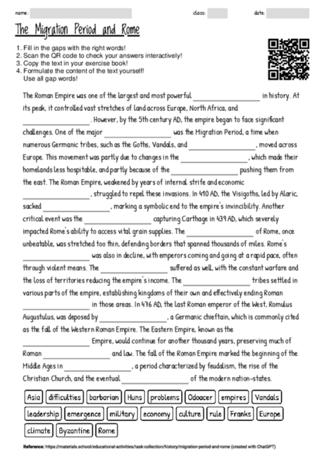 Worksheet with the topic "The Migration Period and Rome" | MATERIALS.SCHOOL