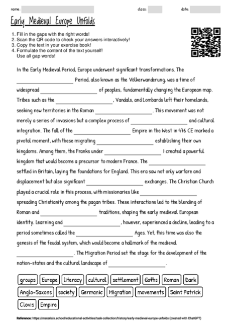 Worksheet with the topic "Early Medieval Europe Unfolds" | MATERIALS.SCHOOL