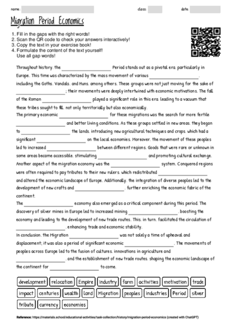 Worksheet with the topic "Migration Period Economics" | MATERIALS.SCHOOL