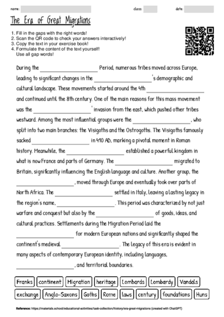 Worksheet with the topic "The Era of Great Migrations" | MATERIALS.SCHOOL