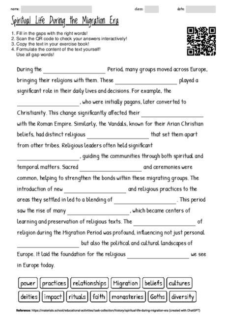 Worksheet with the topic "Spiritual Life During the Migration Era ...