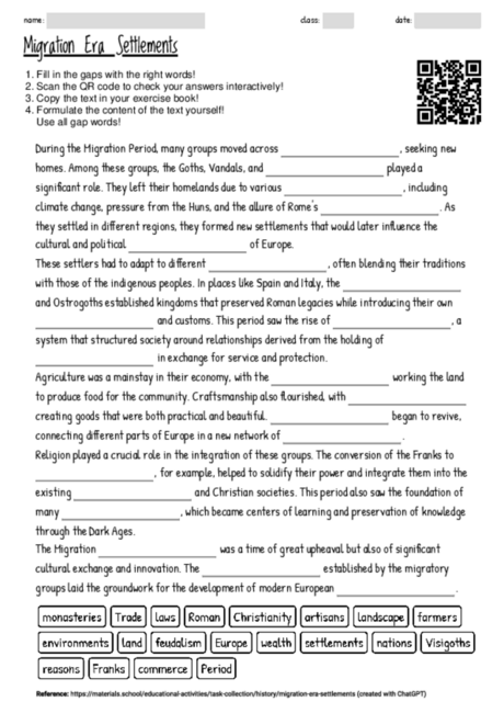 Worksheet with the topic "Migration Era Settlements" | MATERIALS.SCHOOL