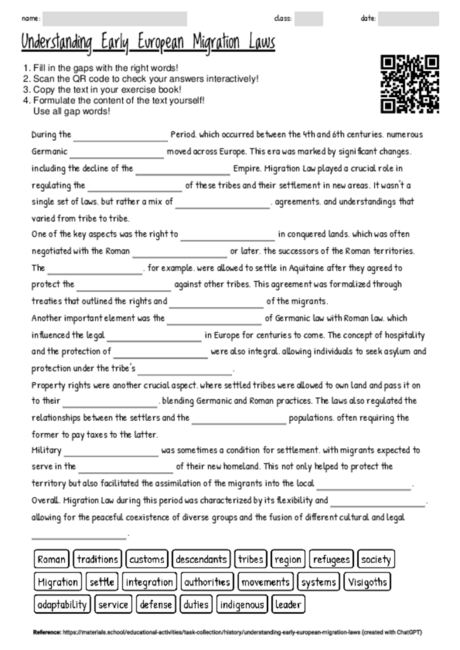 Worksheet with the topic "Understanding Early European Migration Laws ...