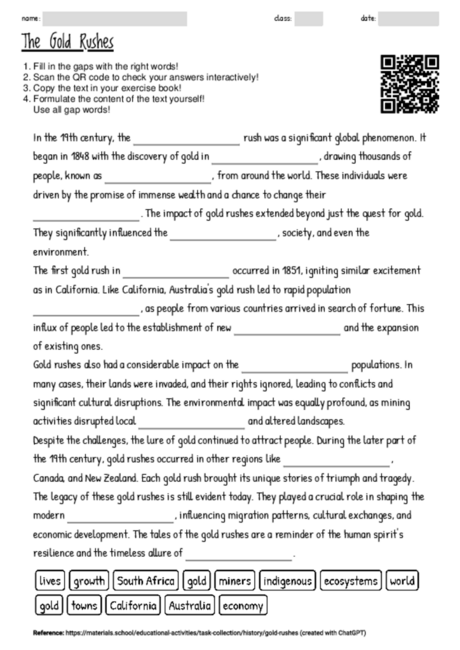 Worksheet with the topic "The Gold Rushes" | MATERIALS.SCHOOL