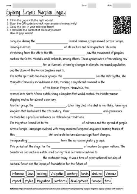 Worksheet with the topic "Exploring Europe's Migration Legacy ...
