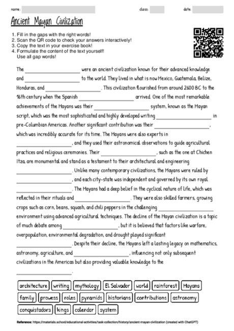 Worksheet with the topic "Ancient Mayan Civilization" | MATERIALS.SCHOOL