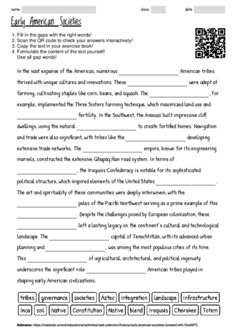 Worksheet with the topic "Early American Societies" | MATERIALS.SCHOOL