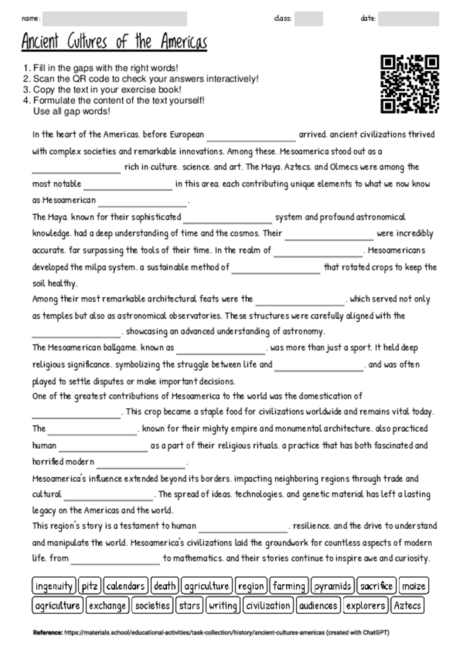 Worksheet with the topic "Ancient Cultures of the Americas" | MATERIALS ...