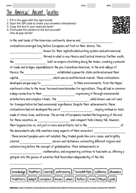 Worksheet with the topic "The Americas' Ancient Societies" | MATERIALS ...
