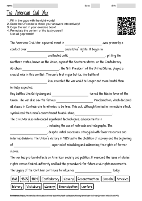 Worksheet with the topic "The American Civil War" | MATERIALS.SCHOOL