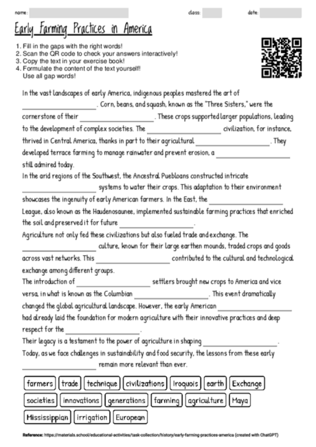 Worksheet with the topic "Early Farming Practices in America ...