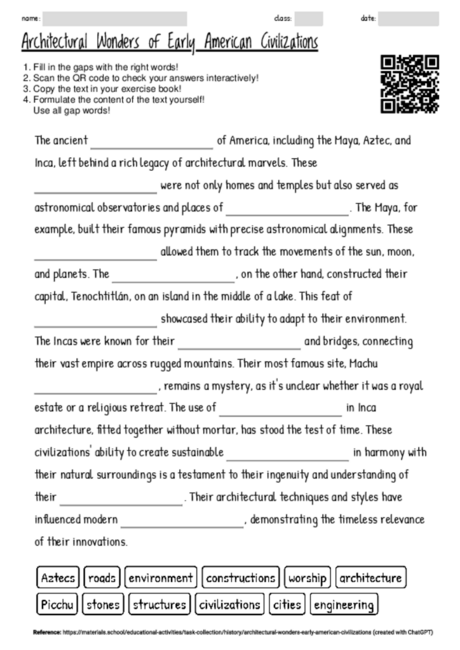 Worksheet with the topic "Architectural Wonders of Early American ...