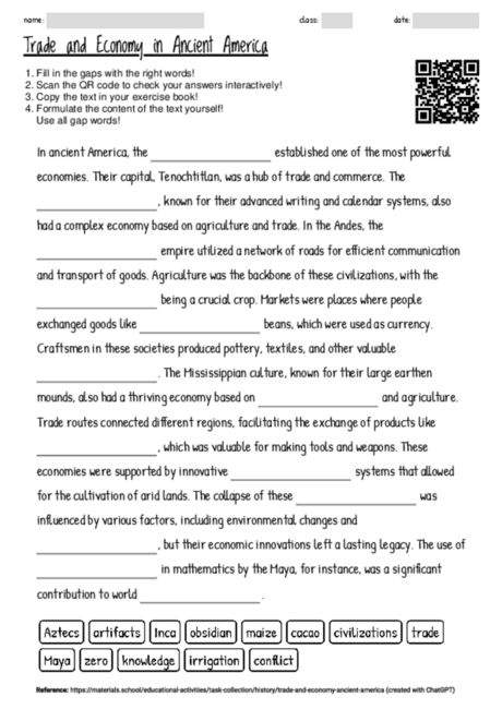 Worksheet with the topic "Trade and Economy in Ancient America ...