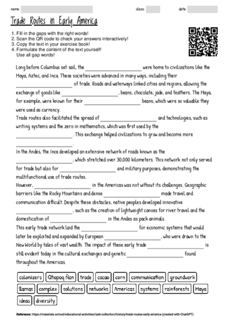 Worksheet with the topic "Trade Routes in Early America" | MATERIALS.SCHOOL