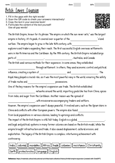 Worksheet with the topic "British Empire Expansion" | MATERIALS.SCHOOL