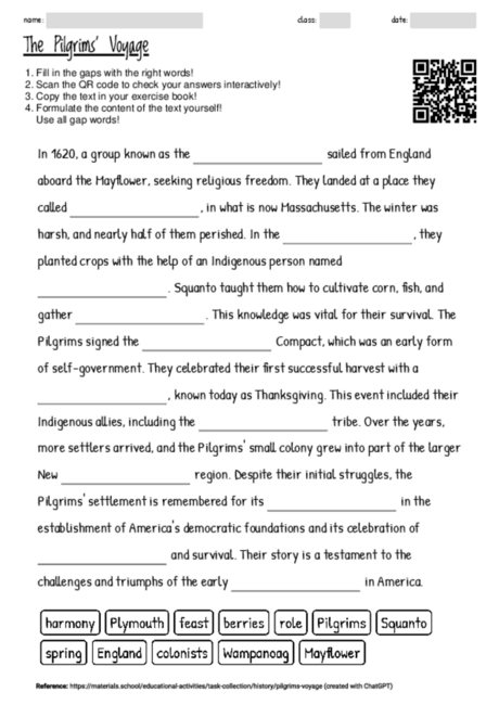Worksheet with the topic "The Pilgrims' Voyage" | MATERIALS.SCHOOL