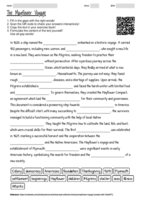 Worksheet with the topic "The Mayflower Voyage" | MATERIALS.SCHOOL