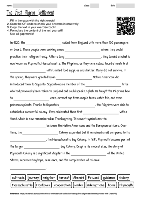 Worksheet with the topic "The First Pilgrim Settlement" | MATERIALS.SCHOOL