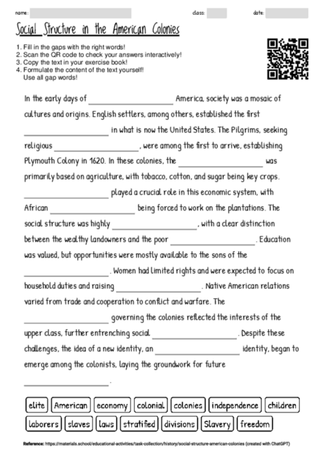 Worksheet with the topic "Social Structure in the American Colonies ...