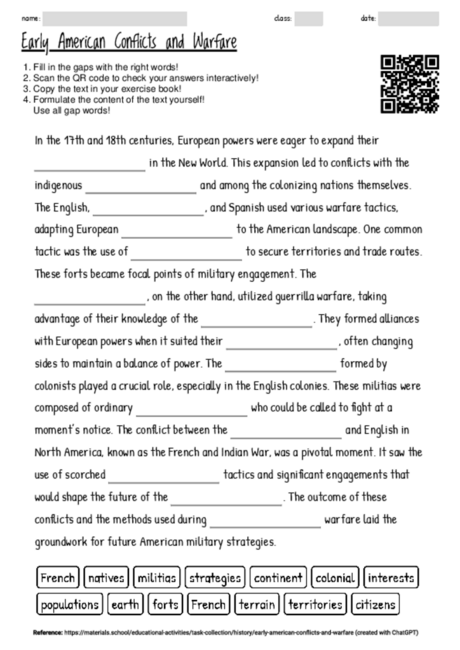 Worksheet with the topic "Early American Conflicts and Warfare ...