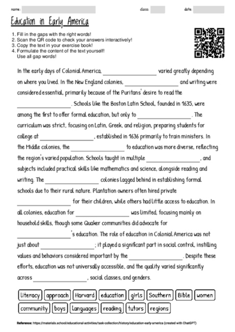 Worksheet with the topic "Education in Early America" | MATERIALS.SCHOOL