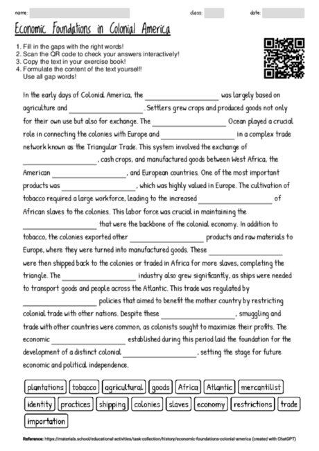 Worksheet with the topic "Economic Foundations in Colonial America ...