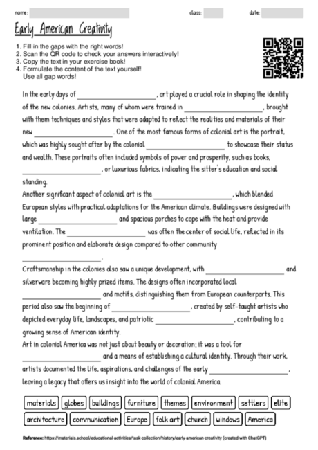 Worksheet with the topic "Early American Creativity" | MATERIALS.SCHOOL
