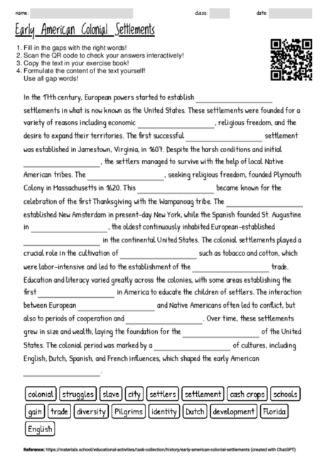 Worksheet with the topic "Early American Colonial Settlements ...