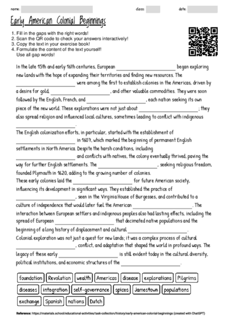 Worksheet with the topic "Early American Colonial Beginnings ...