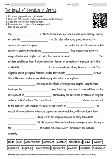 Worksheet with the topic "The Impact of Colonialism in America ...