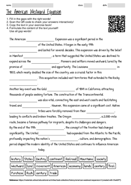 Worksheet with the topic "The American Westward Expansion" | MATERIALS ...