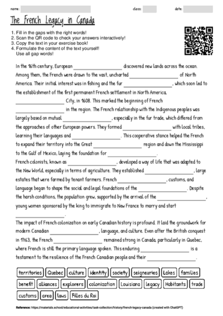 Worksheet with the topic "The French Legacy in Canada" | MATERIALS.SCHOOL